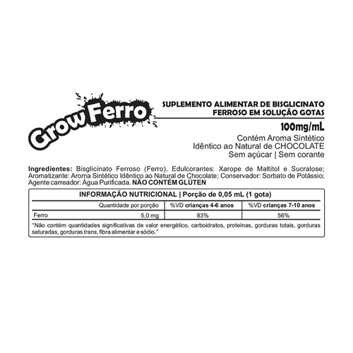 Grow Ferro 100mg/ml Sabor Chocolate 30ml Na Drogaria Primus