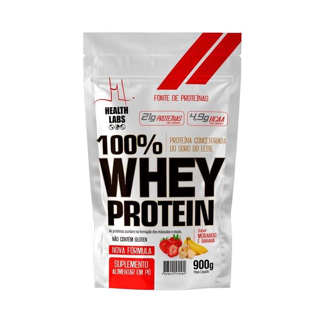 Whey Protein 100% Health Labs Sabor Morango e Banana Refil 900g Na ...